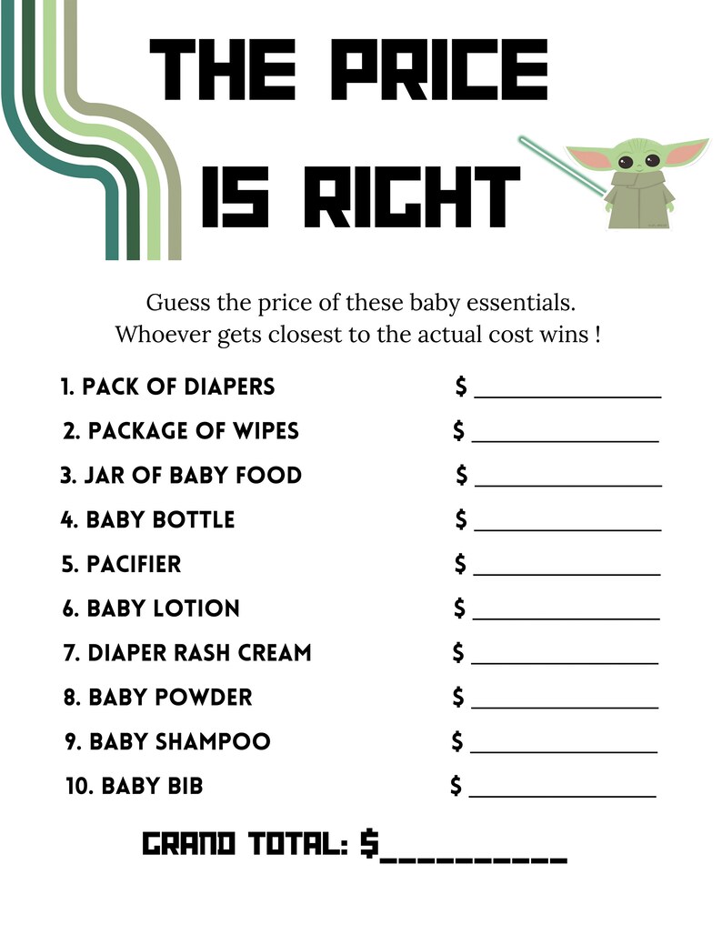 The Price is Right Baby Shower Game, Star Wars Theme, Baby Yoda Game ...