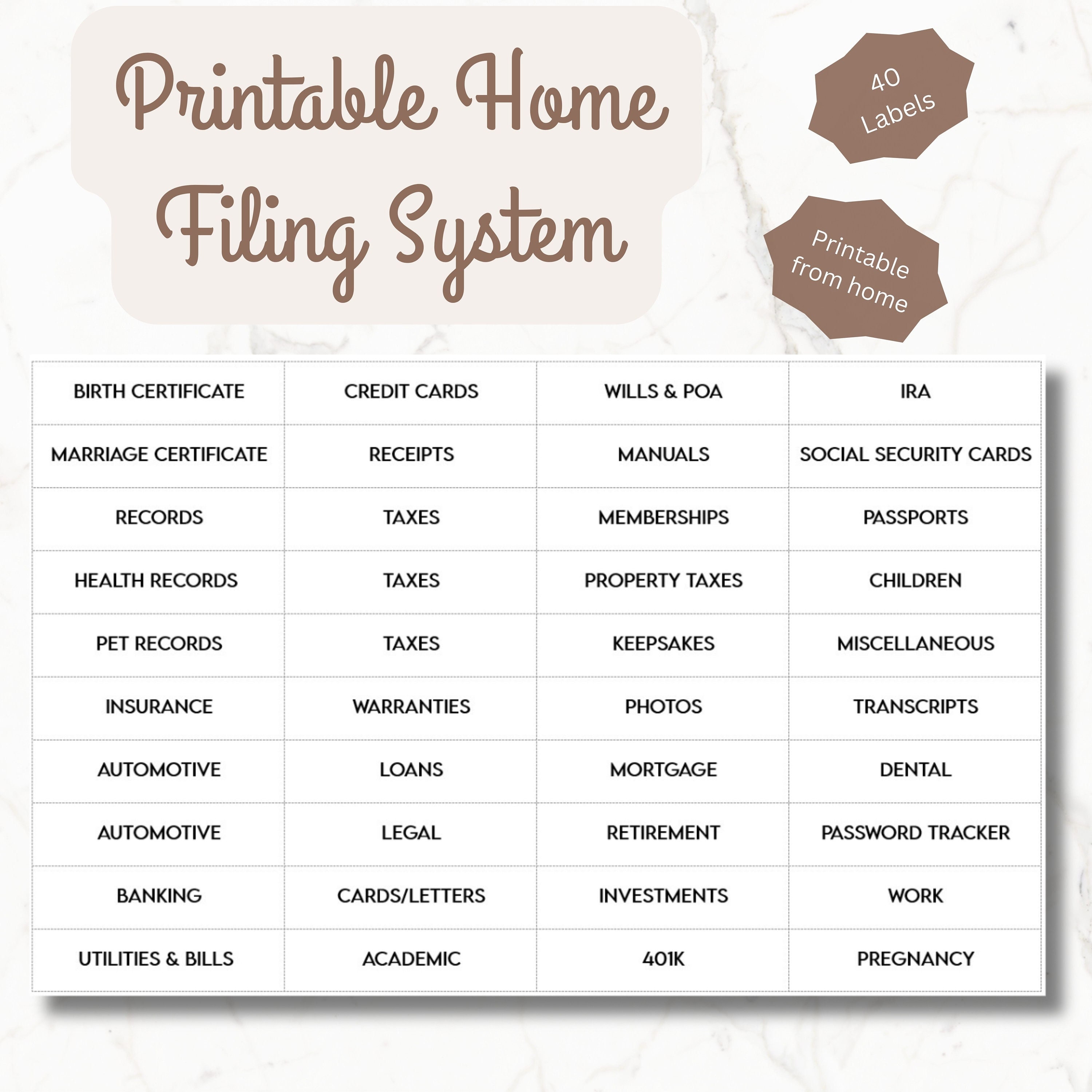 Printable Home Filing System L Keepsake Box L Family File Organization ...