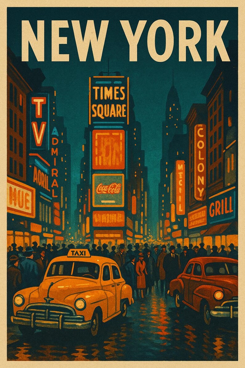 Vintage Times Square Poster - 1950s New York Printable Wall Art, Retro ...