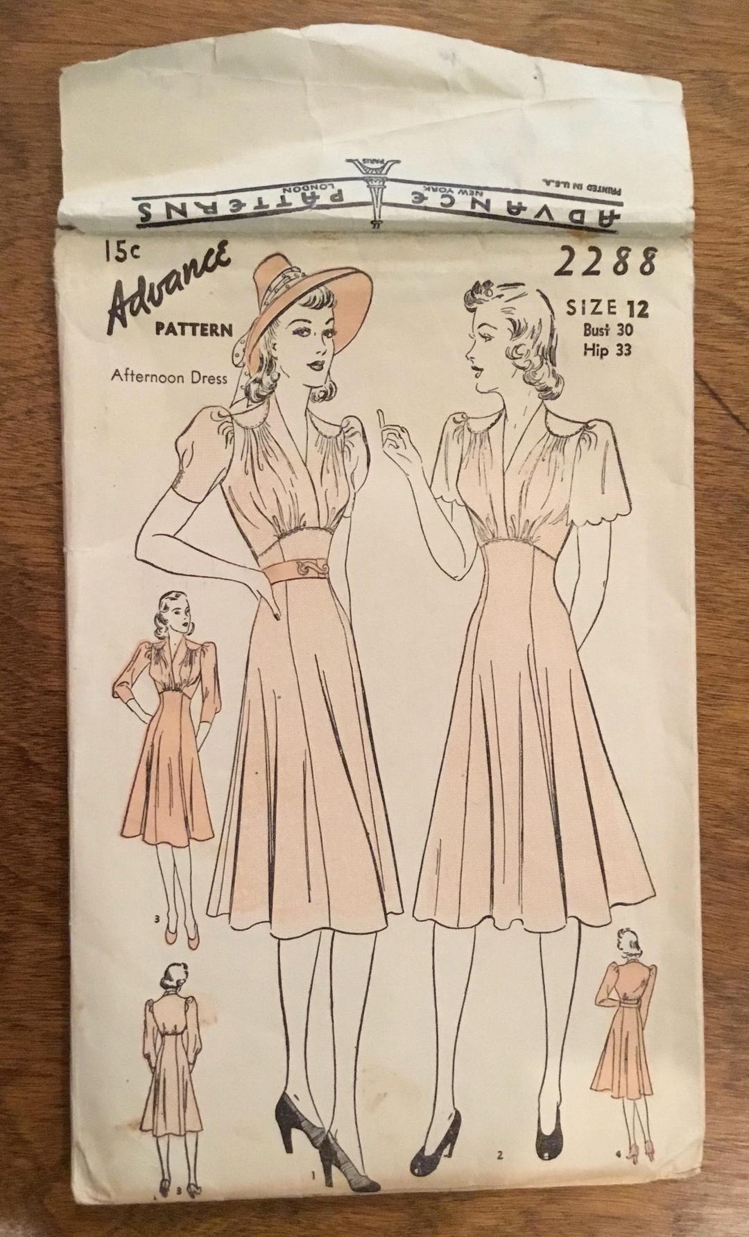 Vintage 1940s Advance Sewing Pattern 2288 Women’s Afternoon Dress Size ...