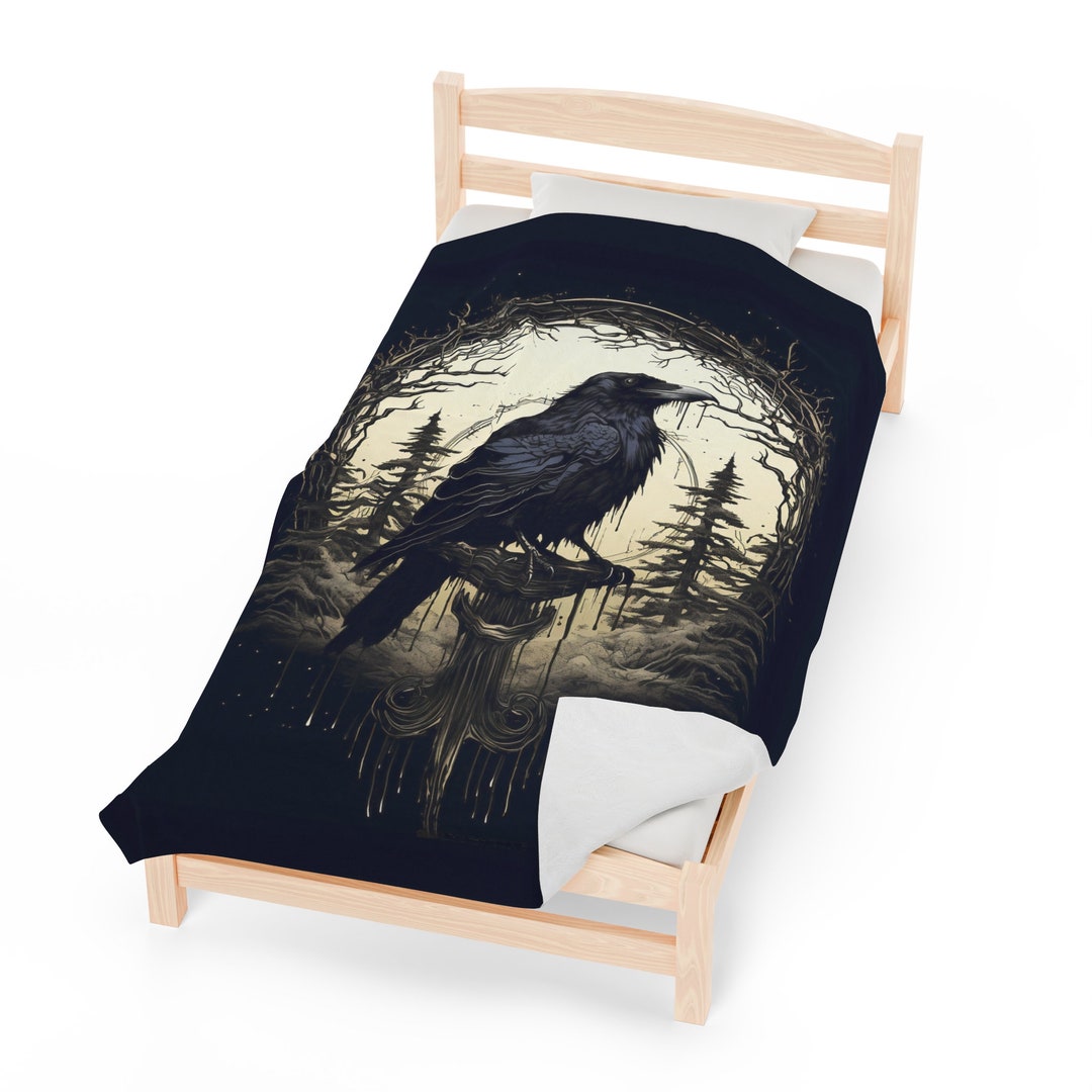 Gothic Raven Blanket - Night's Sentinel, Velveteen Fuzzy Raven Blanket ...