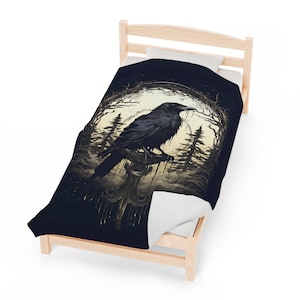 Gothic Raven Blanket - Night's Sentinel, Velveteen Fuzzy Raven Blanket ...