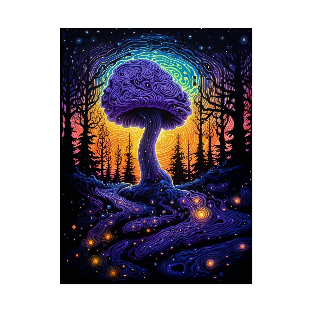 Mushroom Poster Purple Mushroom Poster With Sunset and Fireflies ...