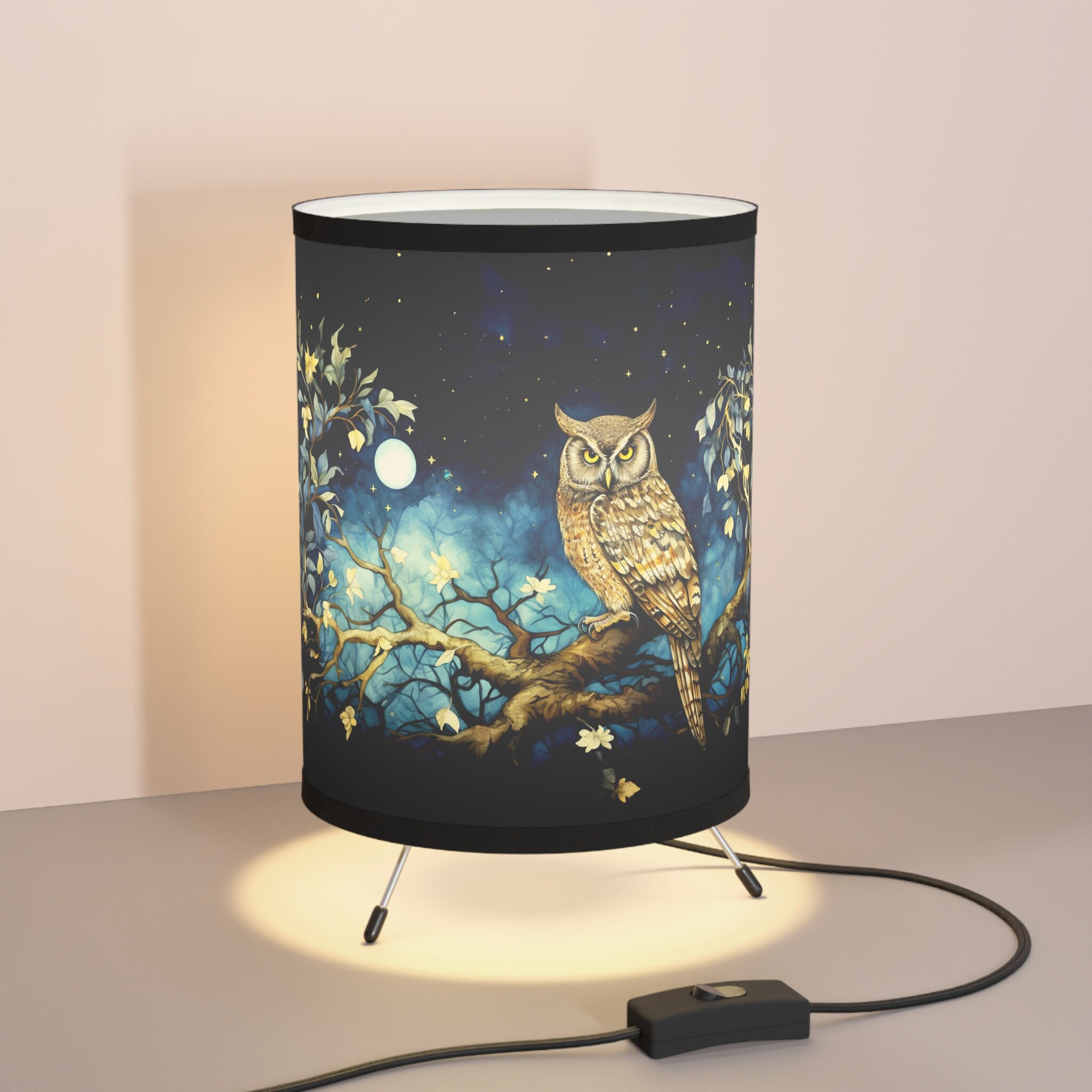 Owl and Moon Table Lamp, Drum Lamp, Table Lamp, Bedside Lamp, Owl Table ...