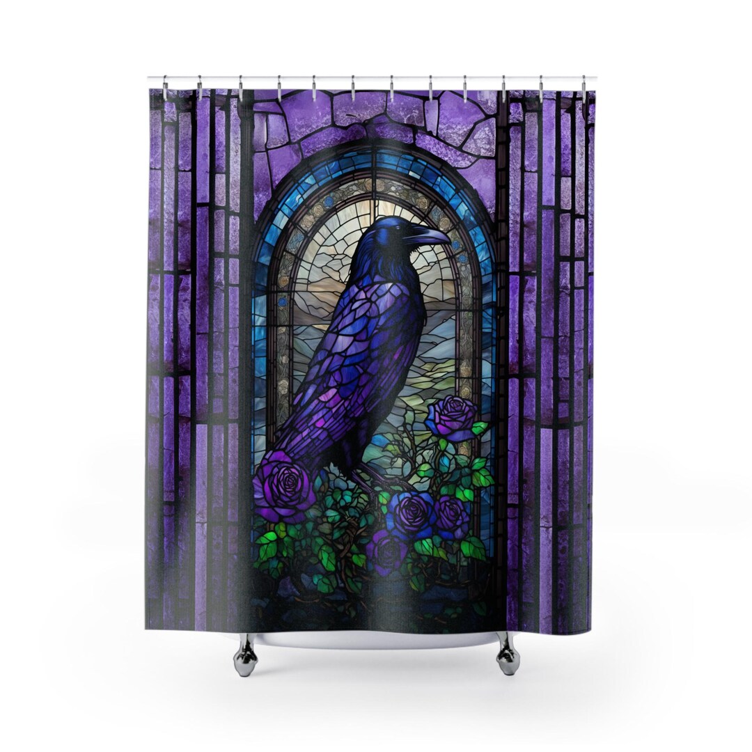 Raven Stained Glass Shower Curtain Purple and Blue Raven Polyester Bath ...