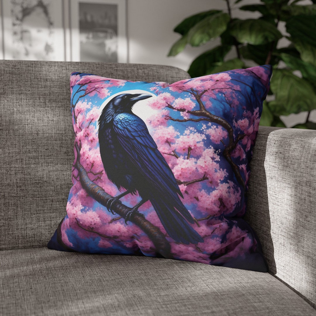 Raven and Cherry Blossom Tree Pillow Cover Case Throw Pillow, Raven ...
