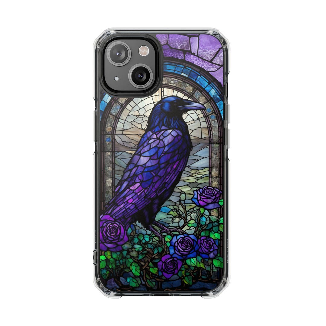 Raven Stained Glass Magnetic Clear Impact Phone Case Purple and Blue ...