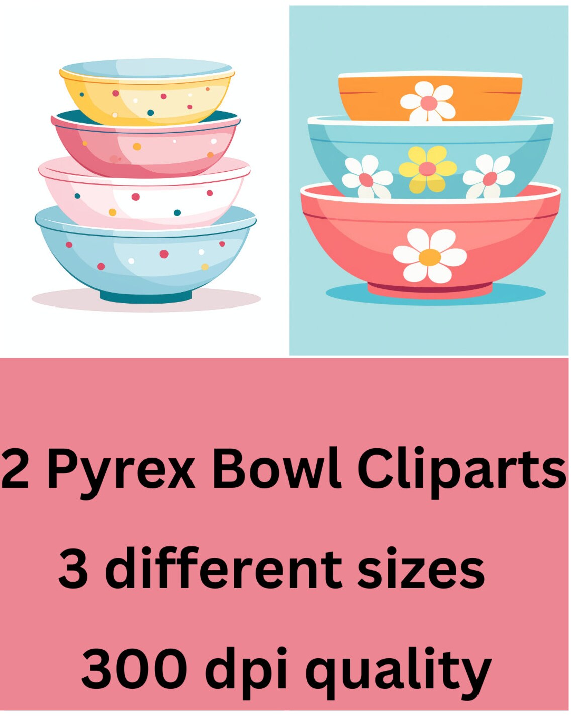 Vintage 1950s Kitchen Pastel Pyrex Bowl Stacked Clipart Set With Floral ...