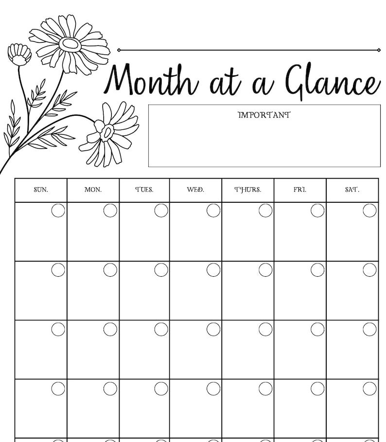 Printable Month at a Glance - Black & White - Etsy