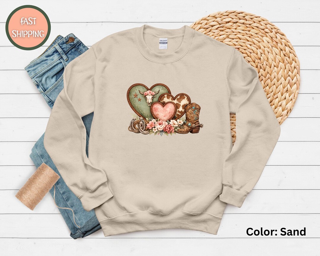 Cowgirl Western Hearts Boots Floral Sweatshirt, Valentine's Cowboy ...