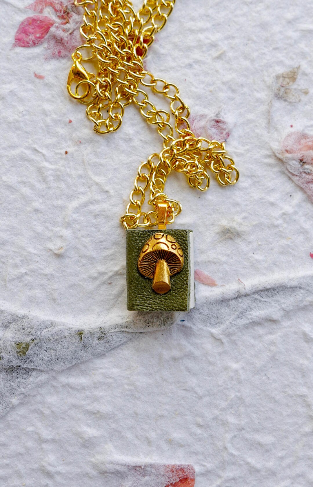 Mini Gold Silver Mushroom Book Necklace, Usable Green Leather Paper ...