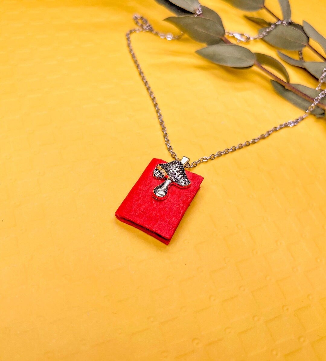 Miniature Red Leather Journal Necklace, Silver Mushroom Charm - Etsy