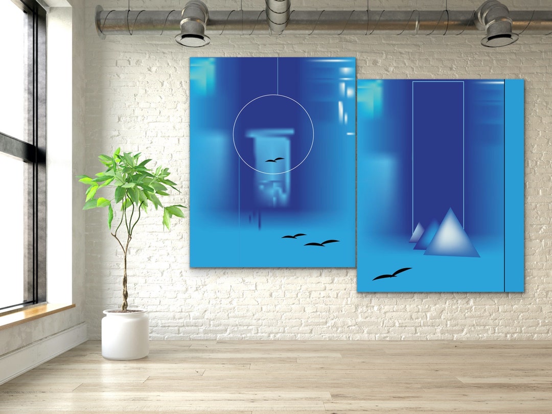 2 Piece Calm Art Print, Blue Abstract Wall Art, Geometrical Shapes ...