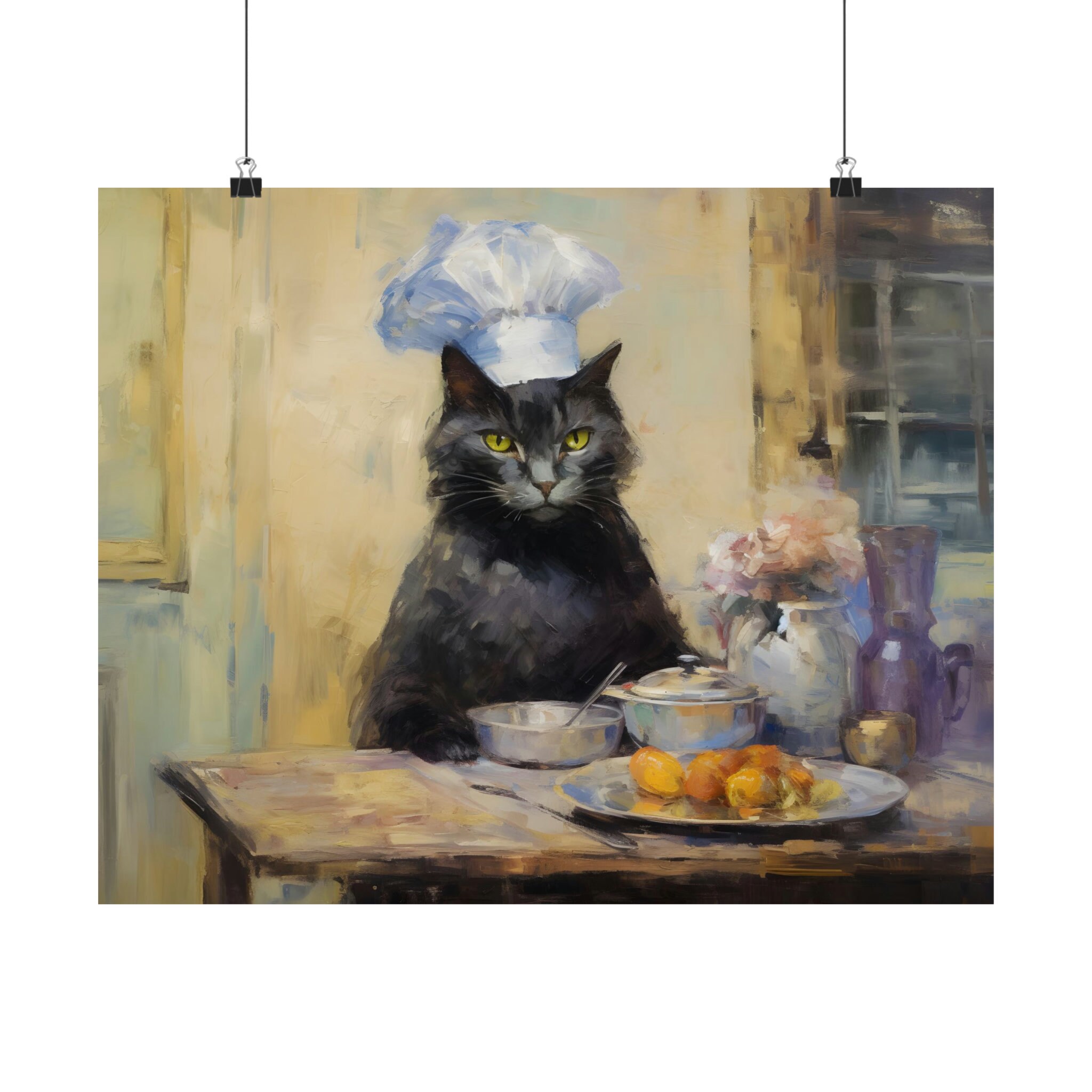 Chef Cook Cat Poster, Black Cat Wall Art Print, Vintage Kitty Oil ...