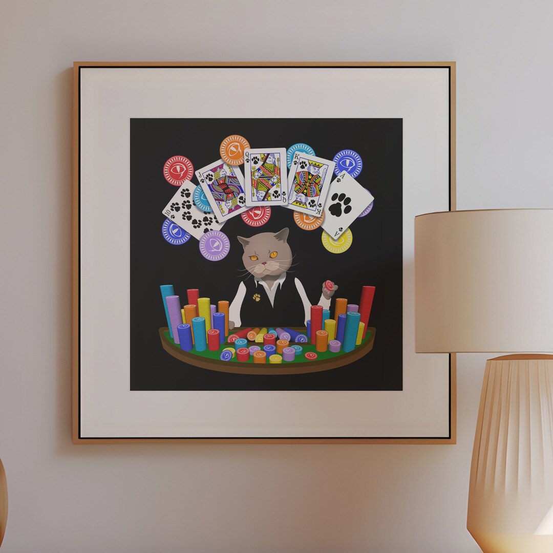 Poker Cat Poster, Cat Playing Cards Wall Art Print, Vector Style Cat ...