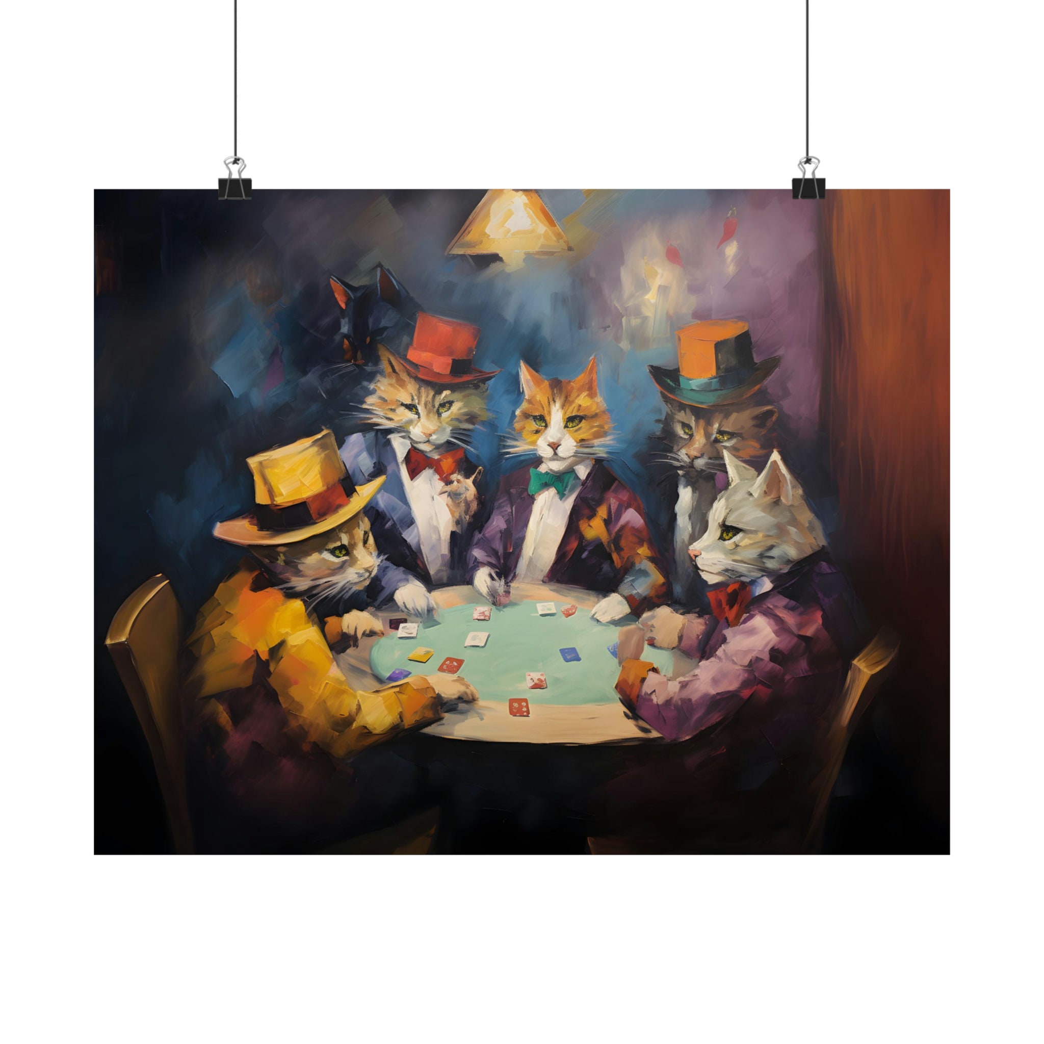 Poker Cat Poster, Cat Playing Cards Wall Art Print, Cat in Hat Oil ...