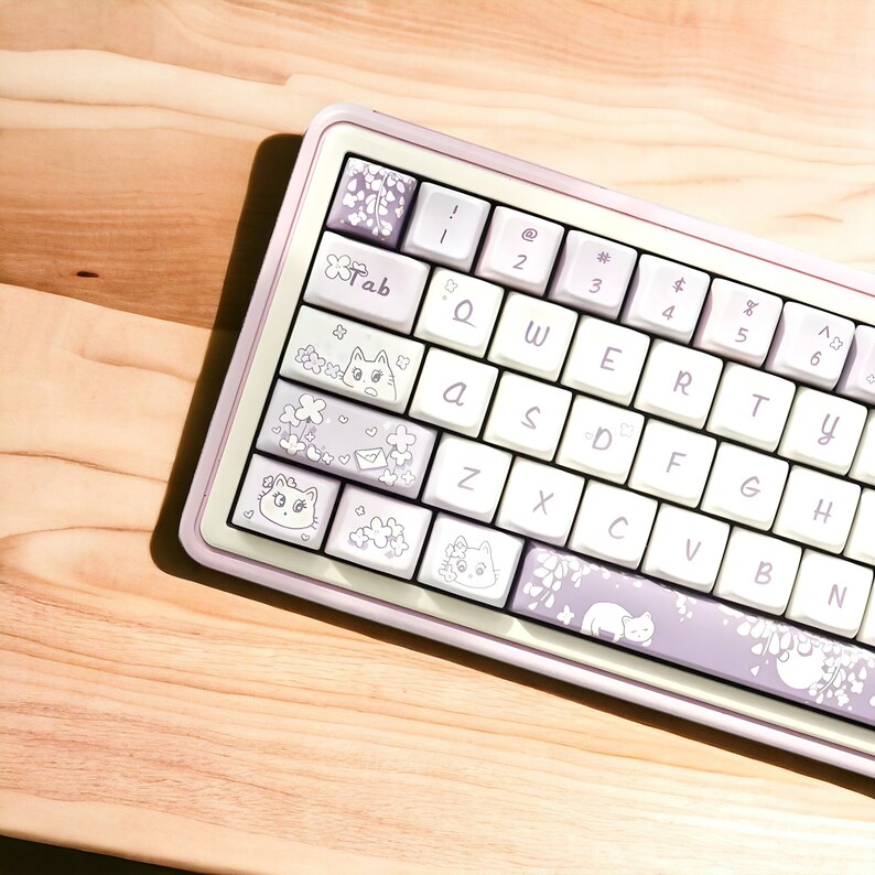 Cartoon Cat Keycap Set, Fun Colorful Unique Cute Kitty Purple Kitten ...