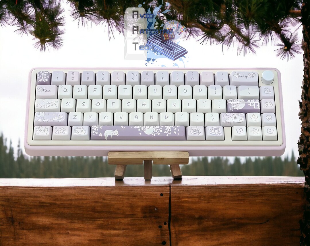 Cartoon Cat Keycap Set, Fun Colorful Unique Cute Kitty Purple Kitten ...