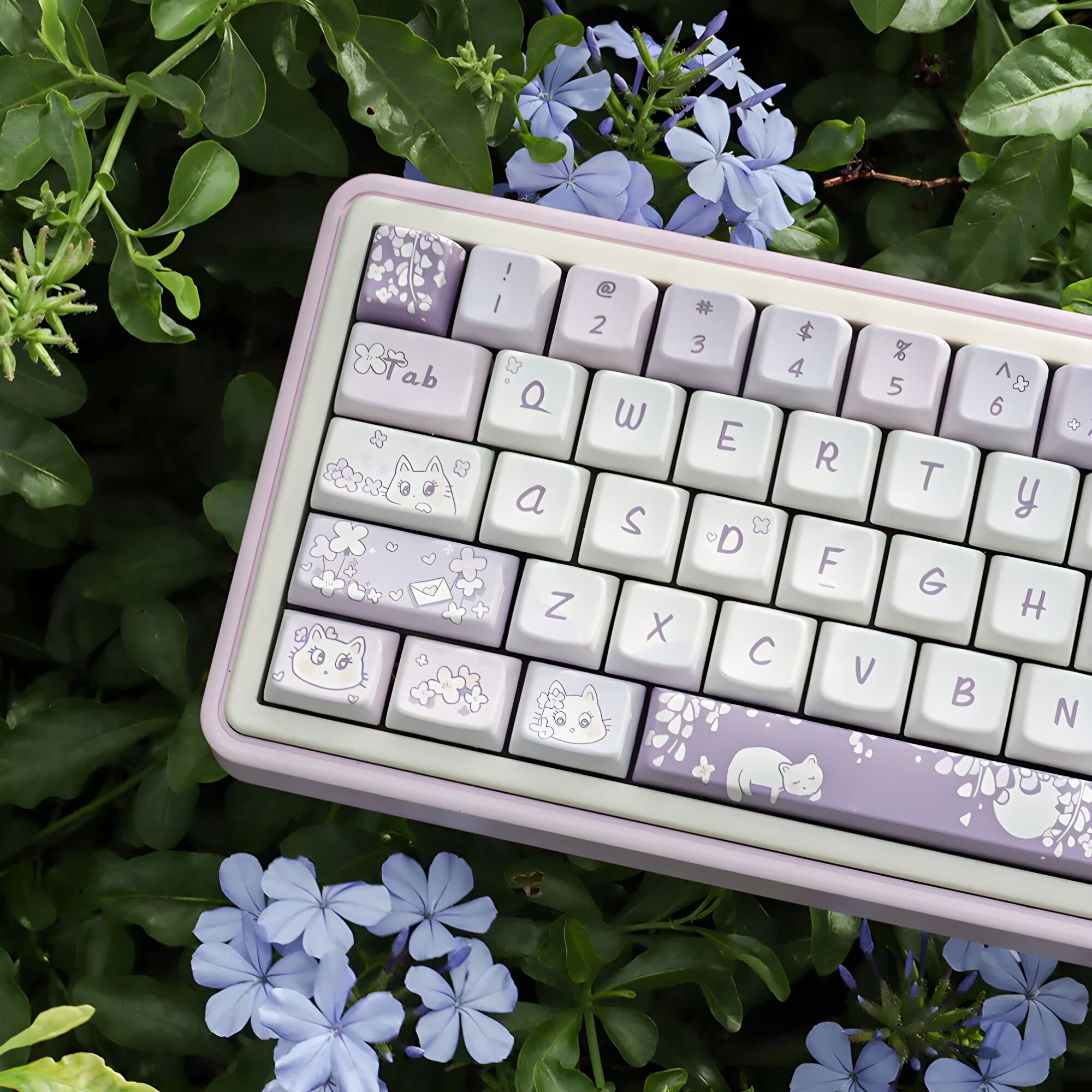 Cartoon Cat Keycap Set, Fun Colorful Unique Cute Kitty Purple Kitten ...