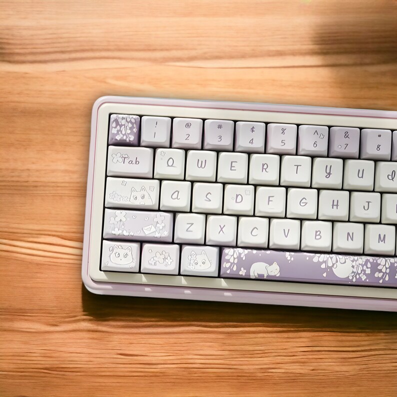 Cartoon Cat Keycap Set, Fun Colorful Unique Cute Kitty Purple Kitten ...