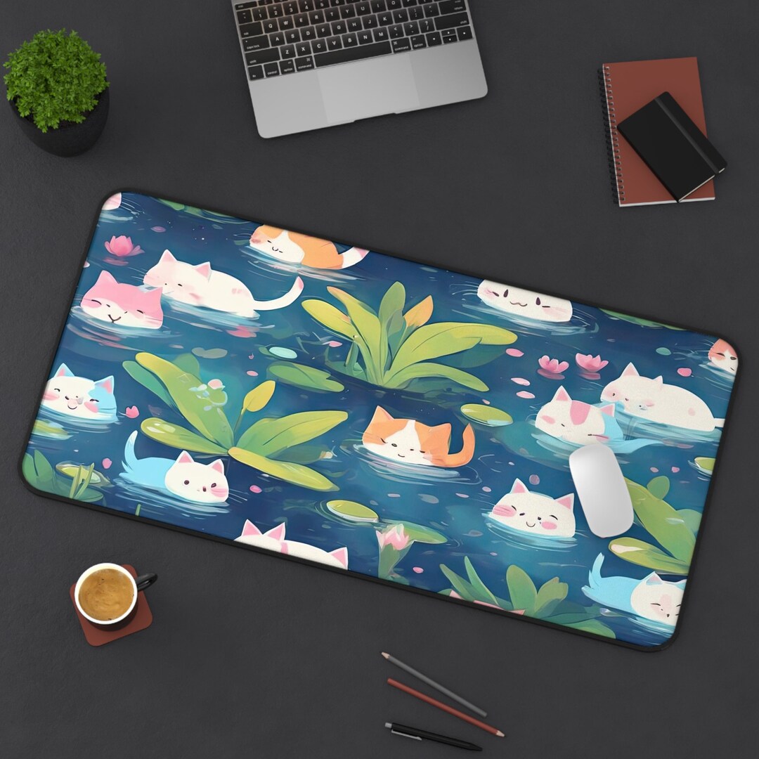 Whimsical Cat Desk Mat, Cute Cartoon Feline Lily Pond, Large Office ...