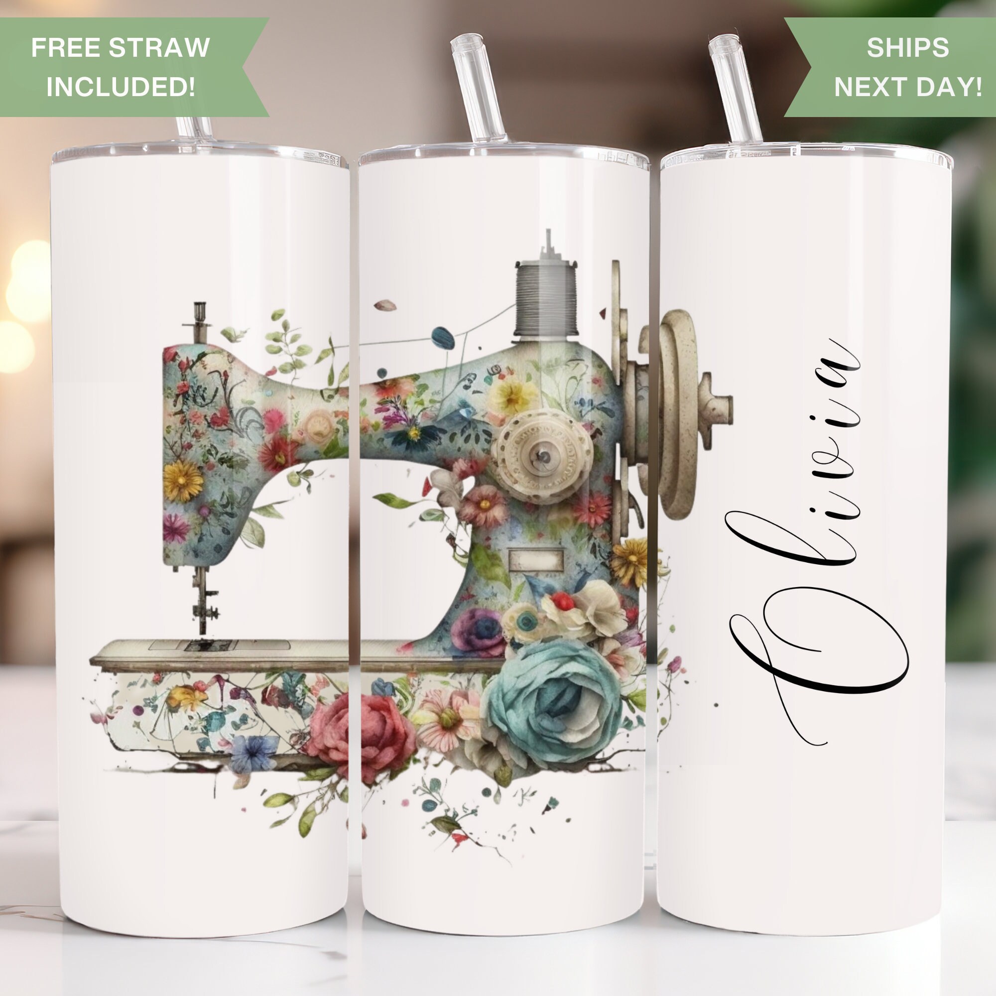 Personalized Vintage Floral Sewing Machine Tumbler, Shabby Chic Insulated Cup, Unique Crafter's ...