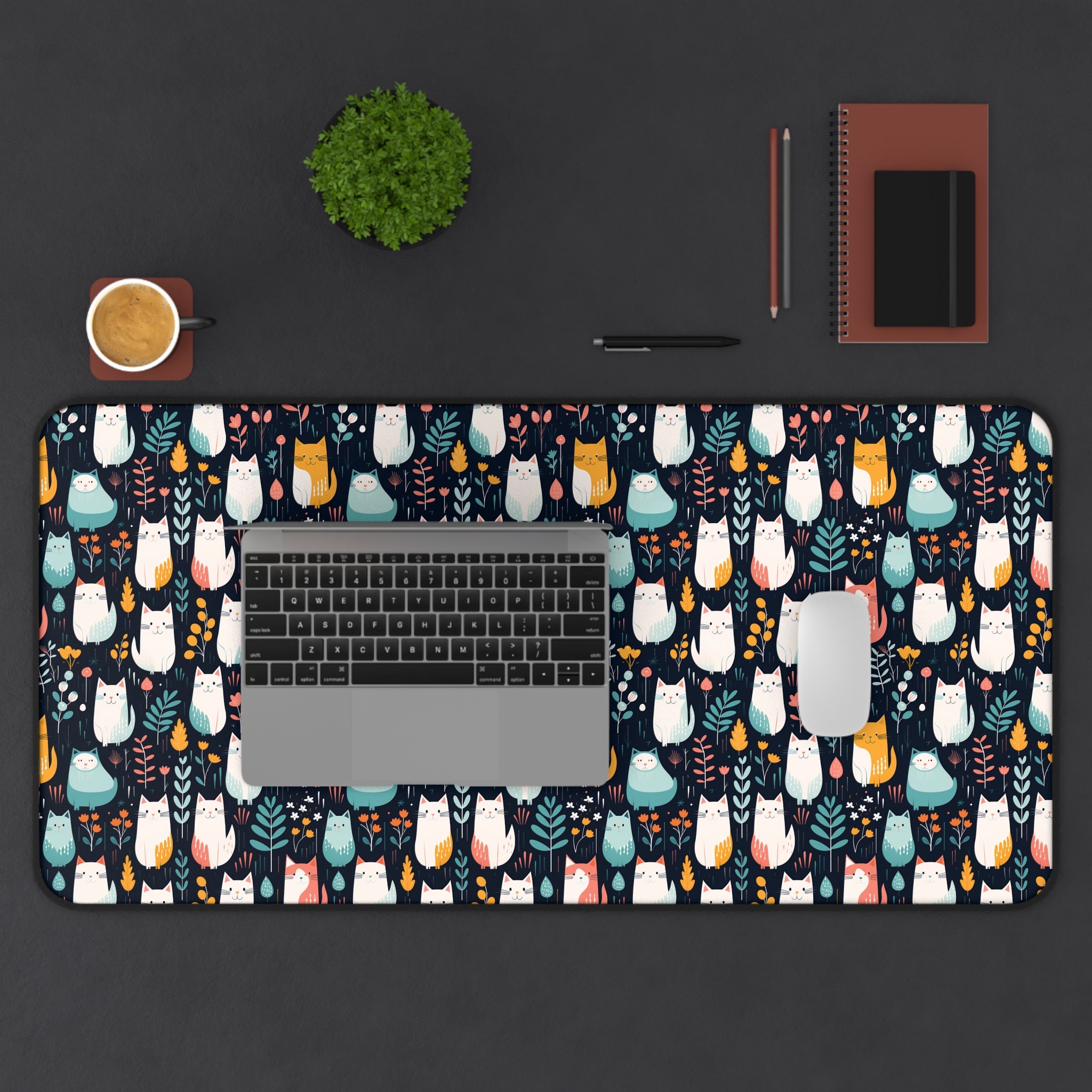 Whimsical Cat Themed Desk Mat, Cute Feline Illustrated Large Mouse Pad ...