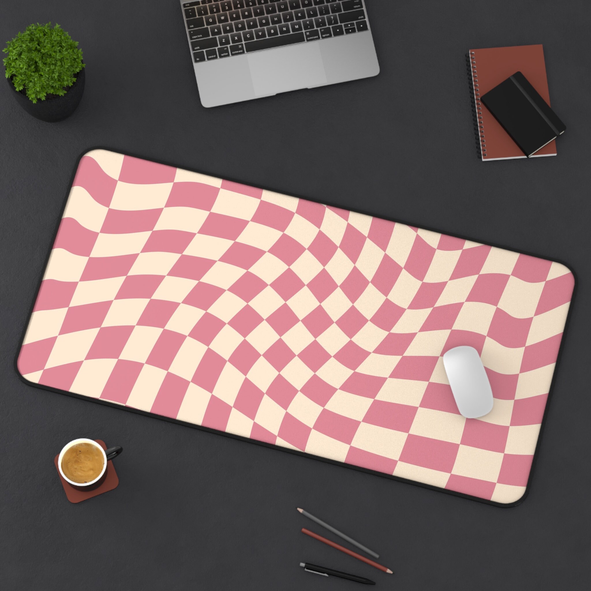 Abstract Wavy Lines Desk Mat, Coral Pink Large Mouse Pad, Stylish ...