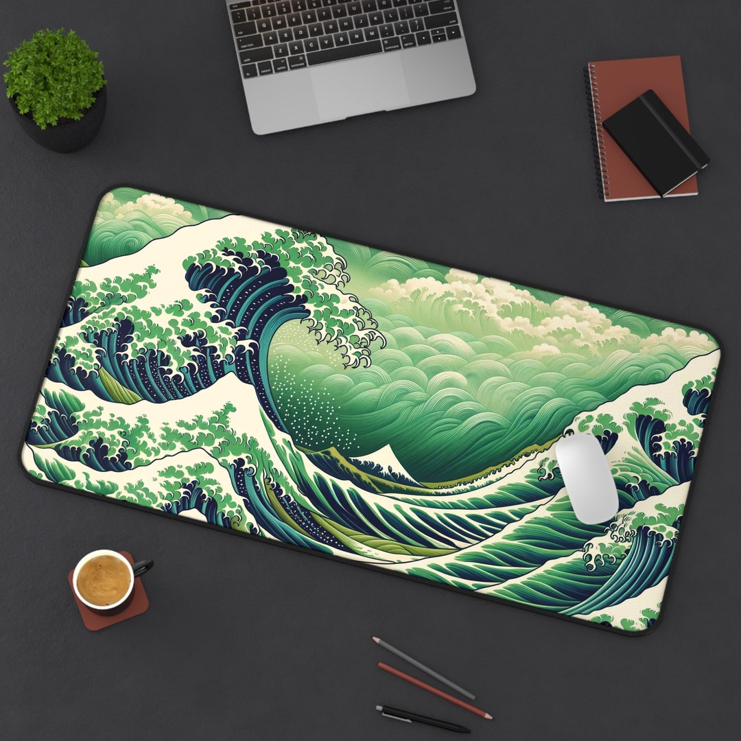 Large Ocean Wave Desk Mat, Japanese Inspired Wave Illustration, Office ...