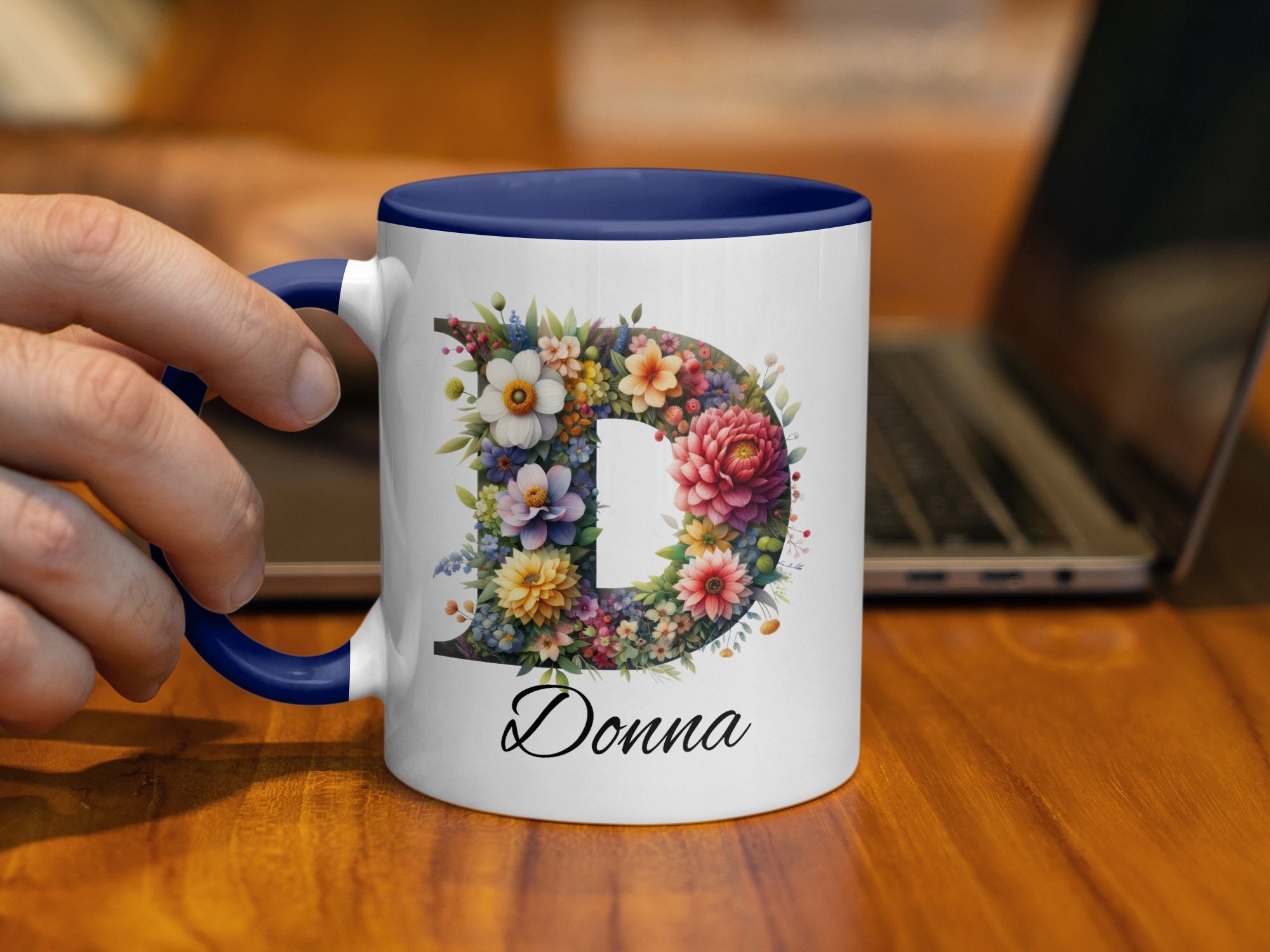 Floral Alphabet Initial D Coffee Mug, Personalized Monogram Donna Cup ...
