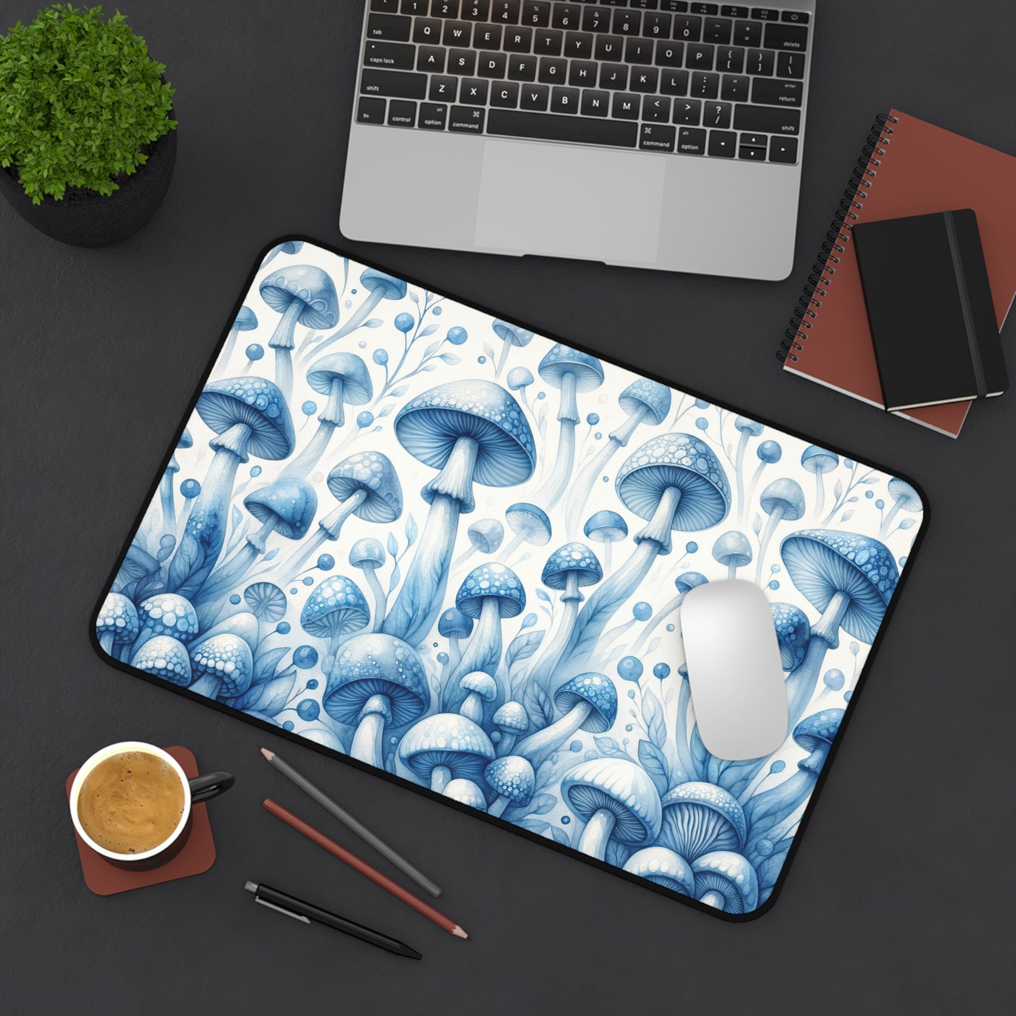 Large Mushroom Desk Mat, Blue Fantasy Fungi Art Office Decor, Aesthetic ...