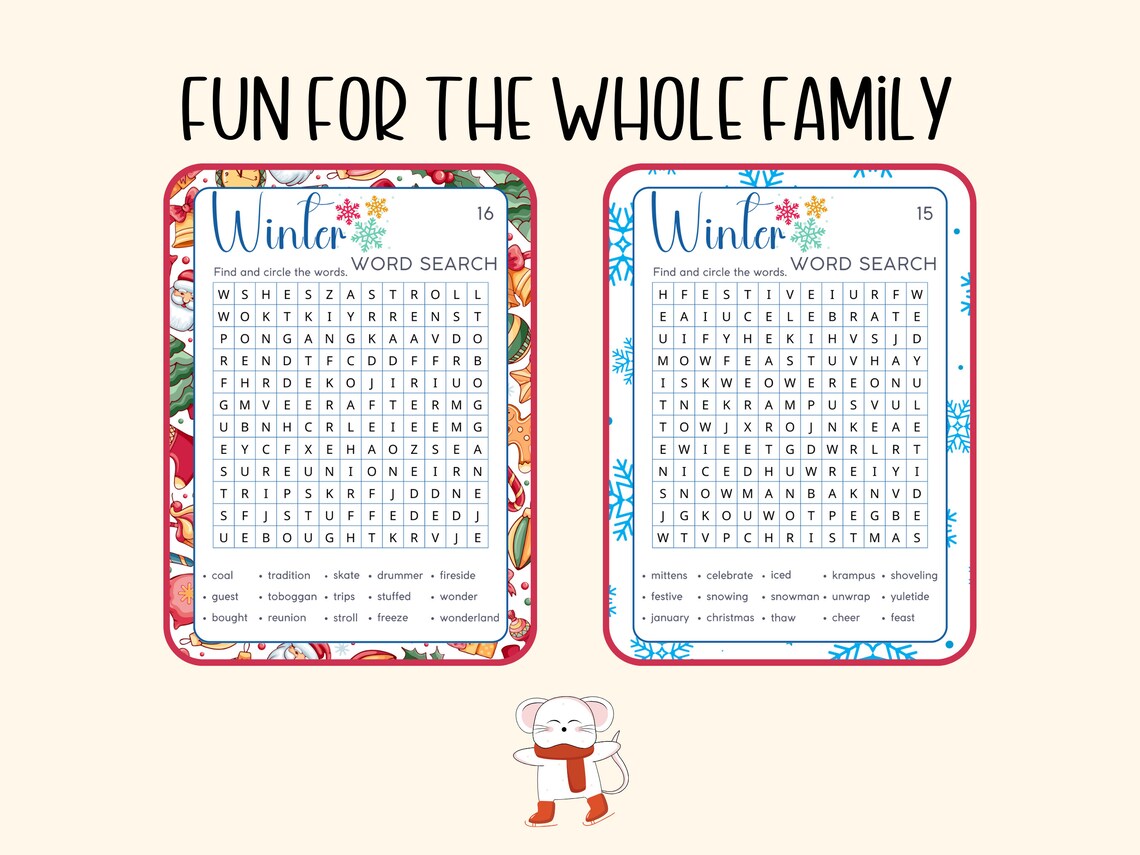 Word Search Puzzles, Winter, Cute Christmas Printable Entertainment ...