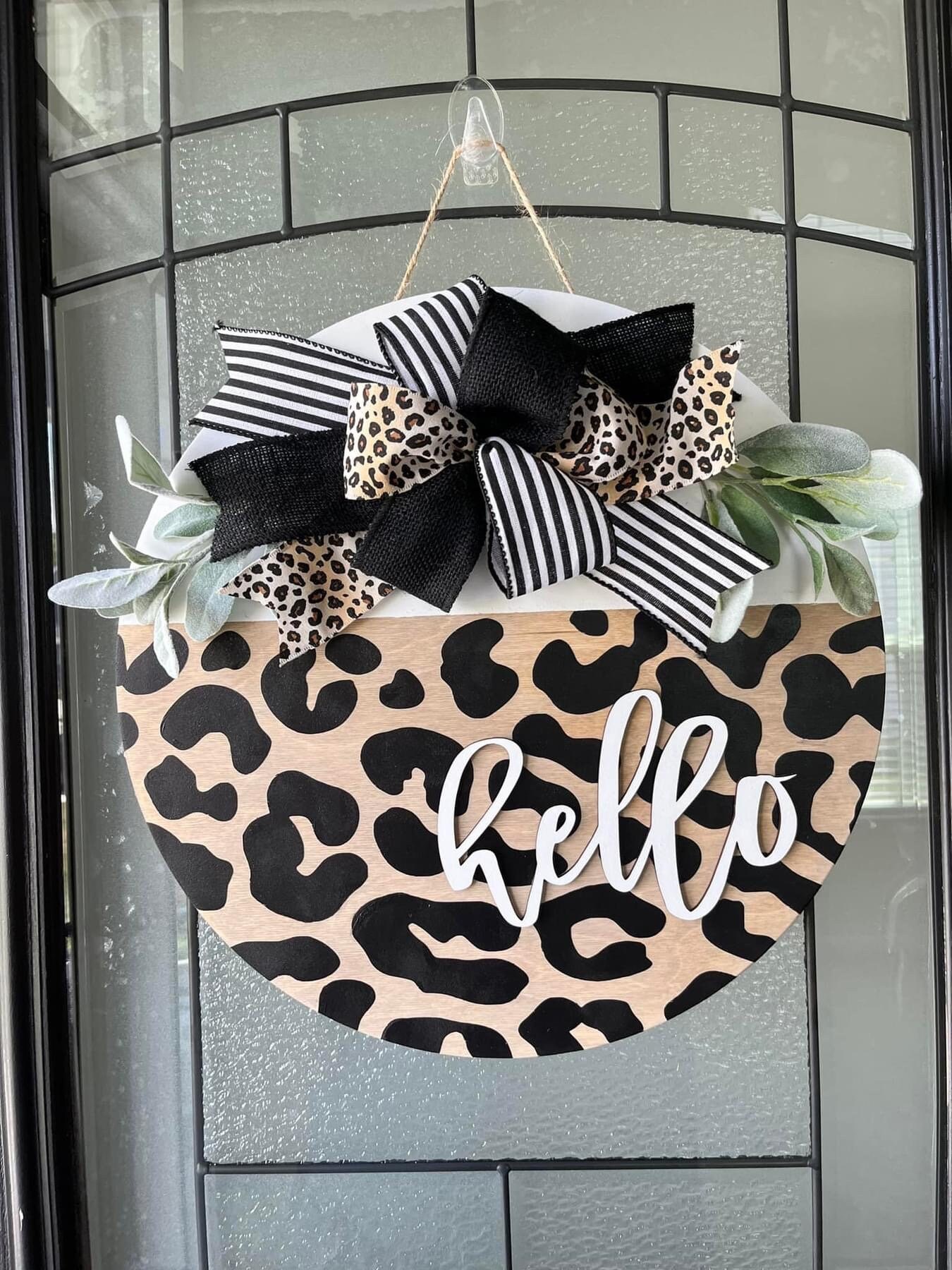 Hello Leopard Door Hanger Cheetah Wood Door Sign Welcome Sign Front ...
