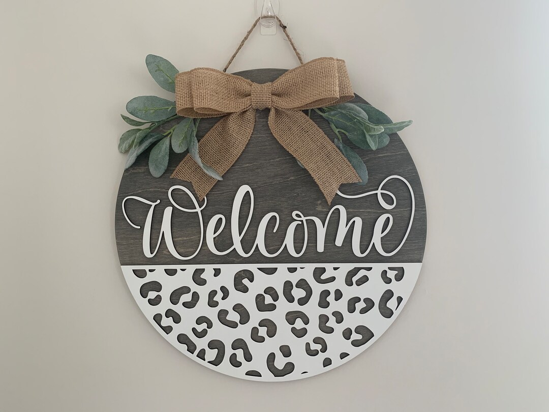 Welcome Leopard Door Hanger Cheetah Wood Door Sign Welcome Sign Front ...
