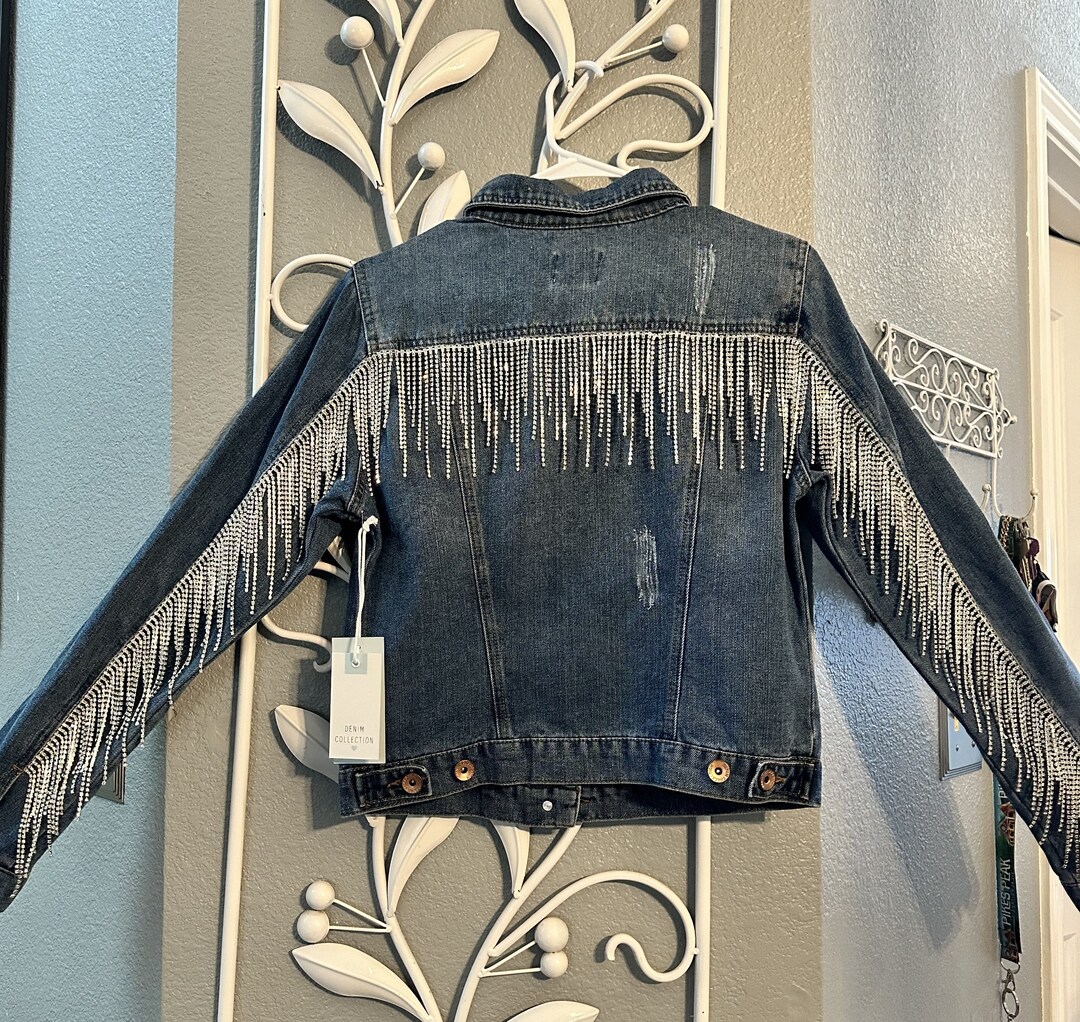 Denim Jacket With Silver Fringe Rhinestone Trim Women's Med - Etsy