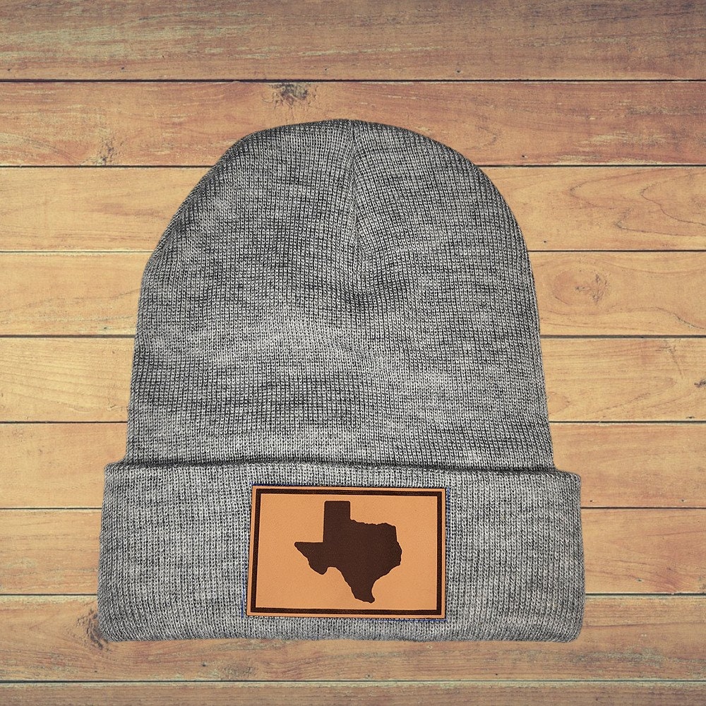 Texas Beanie State Map, Leather Patch Beanies, Lone Star State, Texas ...