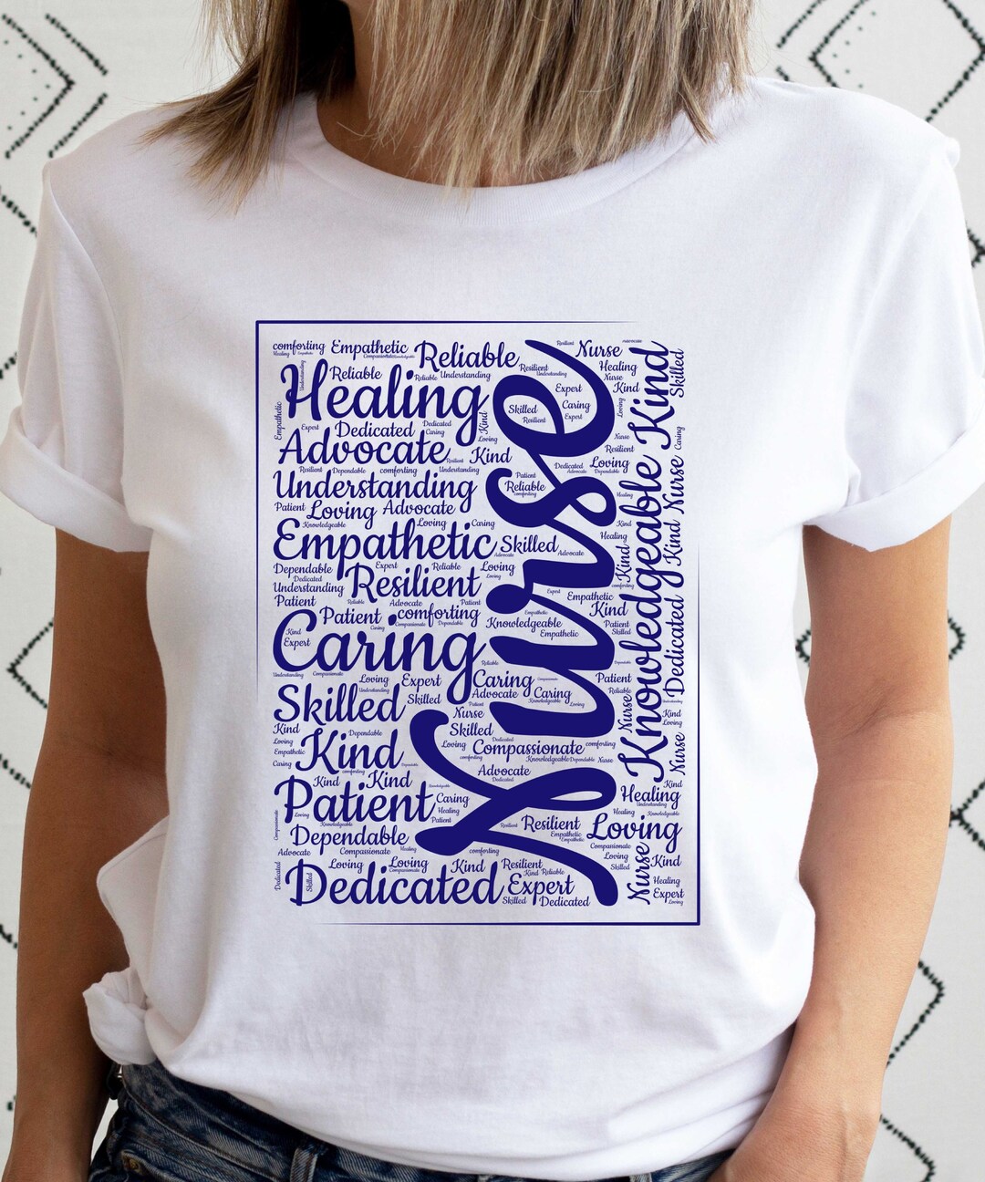 Nurse Word Cloud Tshirt Blue and White Inspirational Text Design, Nurse Appreciation Gift, Nurse ...
