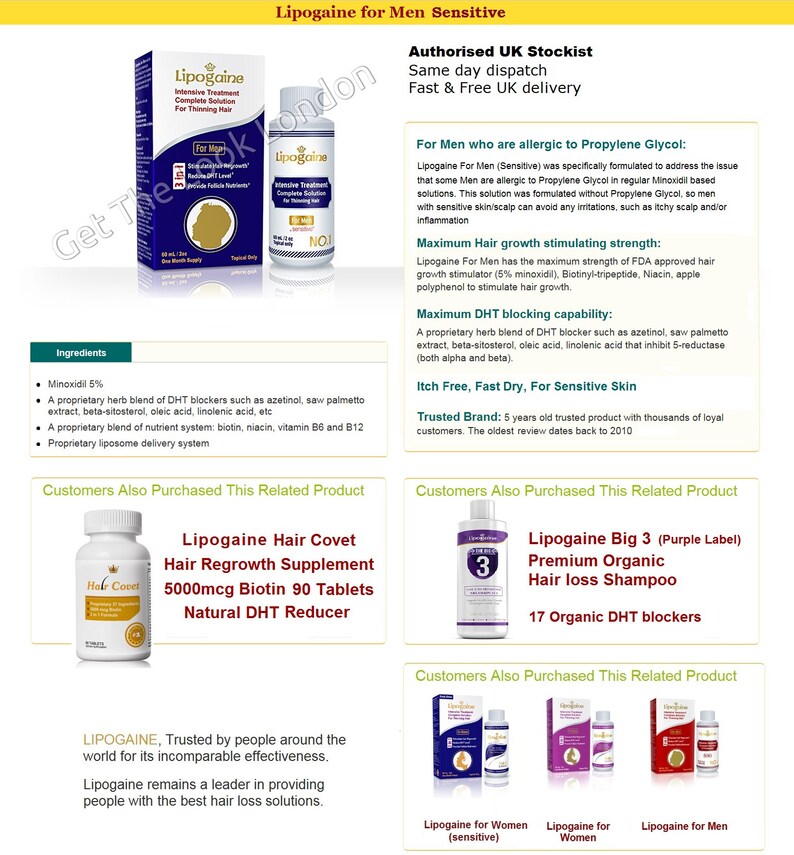 LIPOGAINE FOR SENSITIVE Treatment Hair Loss Regrowth Anti Dht Scalp Solution - Etsy