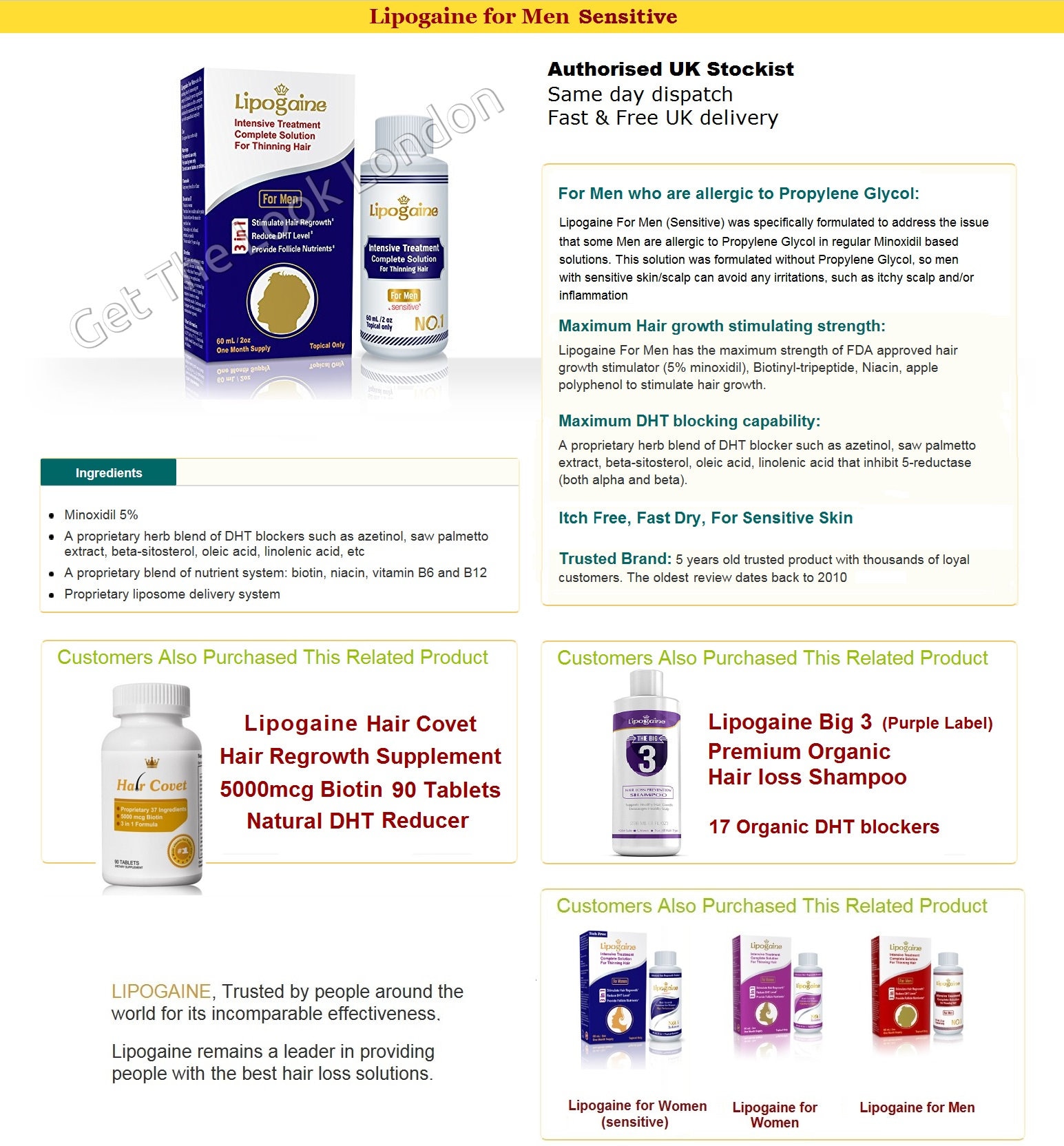 LIPOGAINE FOR SENSITIVE Treatment Hair Loss Regrowth Anti Dht Scalp ...