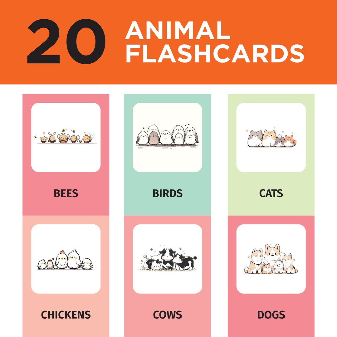 20 Cute Animal Flash Cards for Kids, Educational Printable Cards, 1 ...