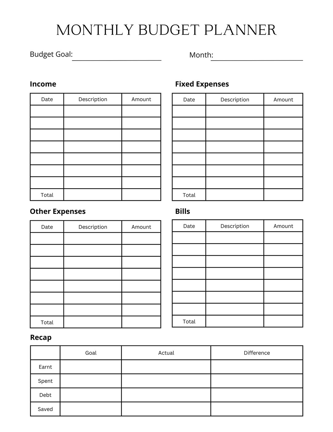 Monthly Budget Planner Printable & Fillable PDF, Budget Tracker ...