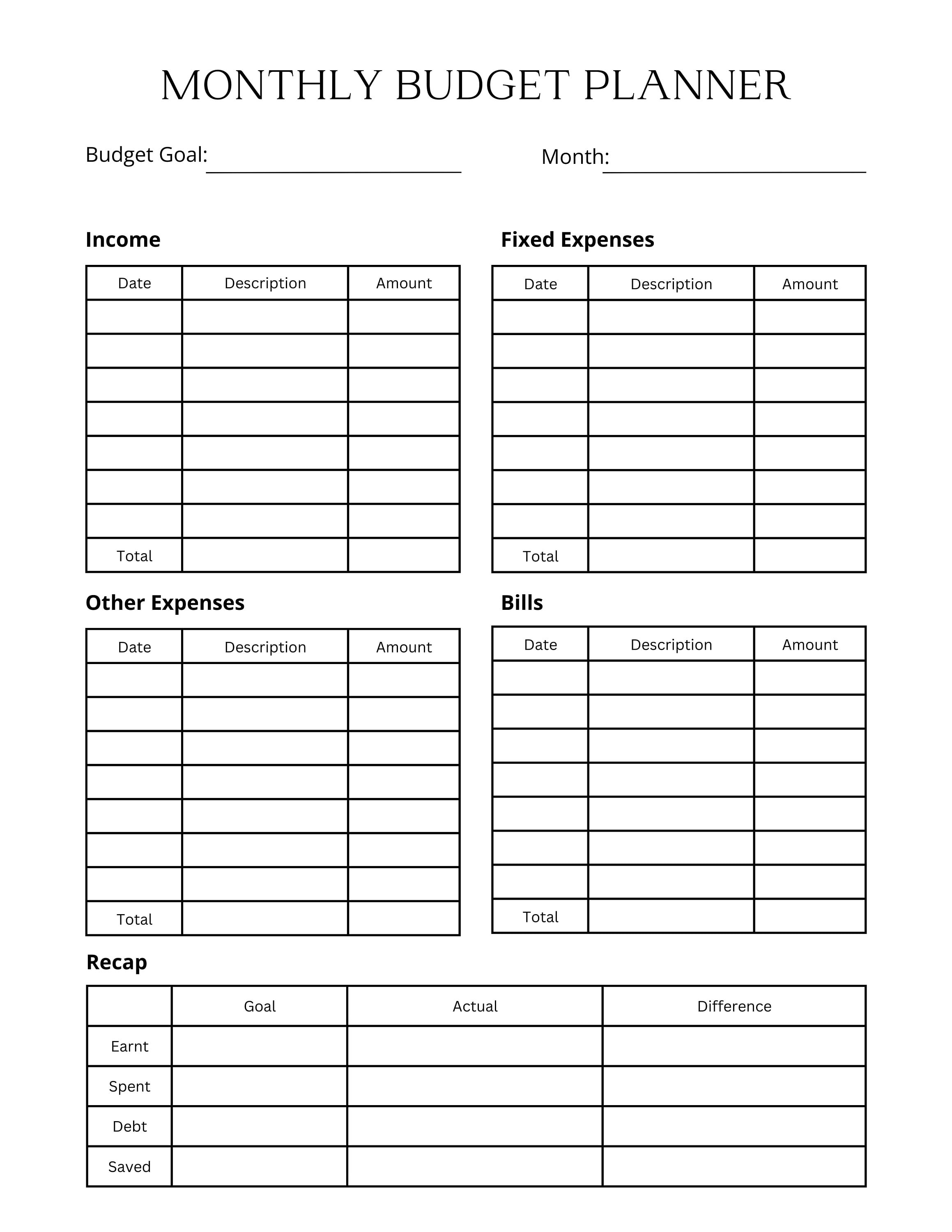 Monthly Budget Planner Printable & Fillable PDF, Budget Tracker ...
