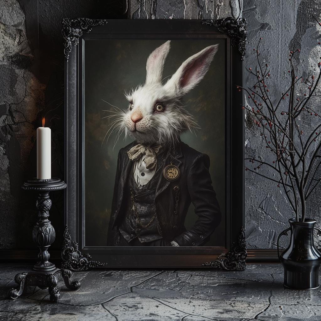 Victorian White Rabbit Portrait Print: Gothic Alice in Wonderland Wall ...