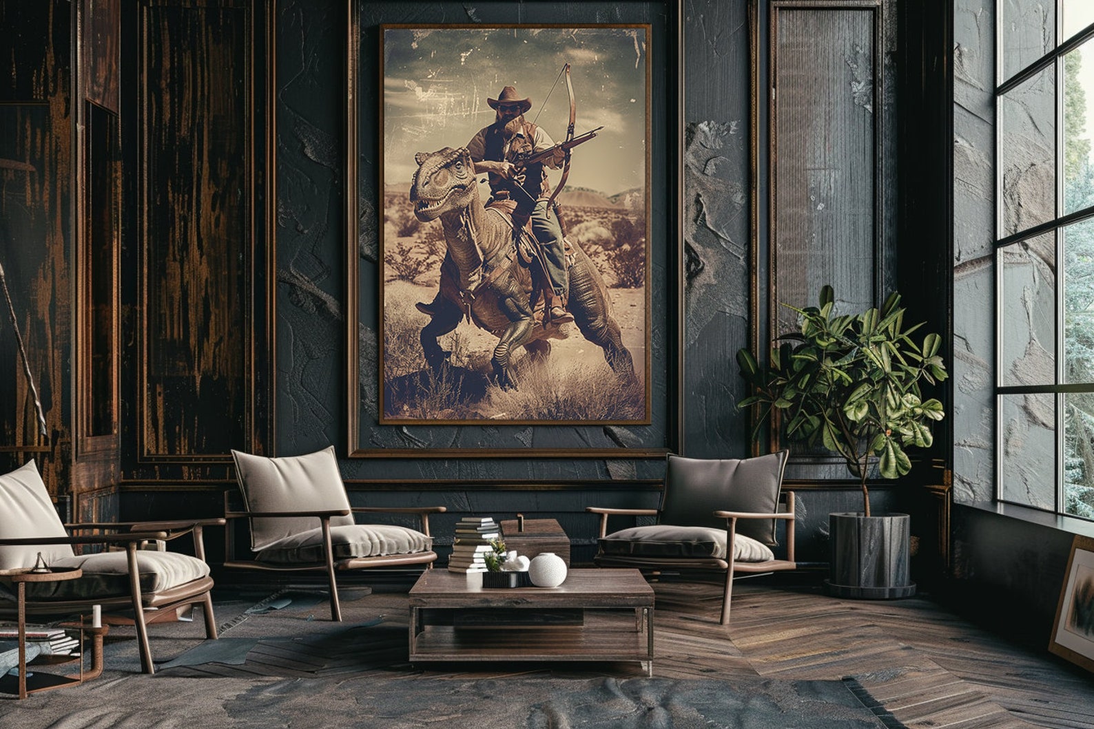 Velociraptor Dinosaur Cowboy, Vintage Photography, Art Poster Print ...