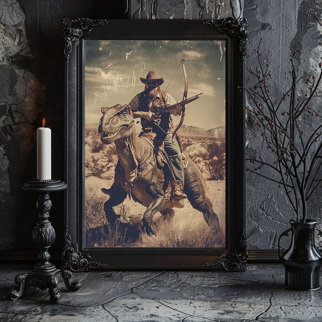 Velociraptor Dinosaur Cowboy, Vintage Photography, Art Poster Print ...