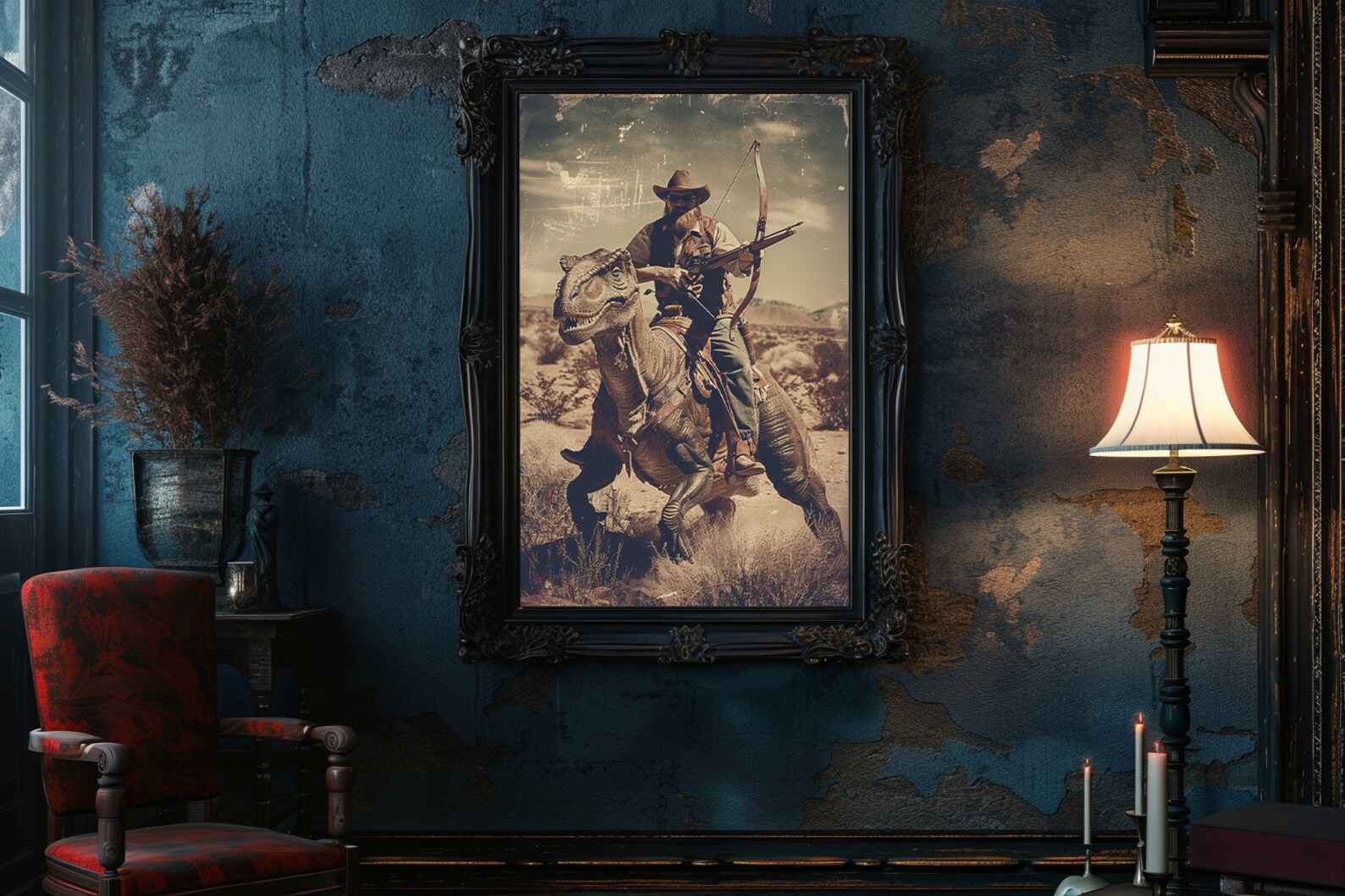 Velociraptor Dinosaur Cowboy, Vintage Photography, Art Poster Print ...