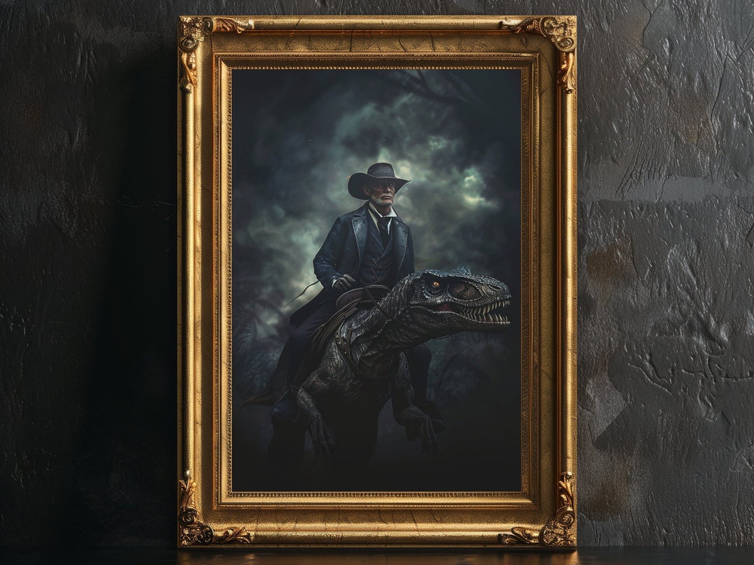 Velociraptor Dinosaur Cowboy, Vintage Photography, Dark Poster Print ...