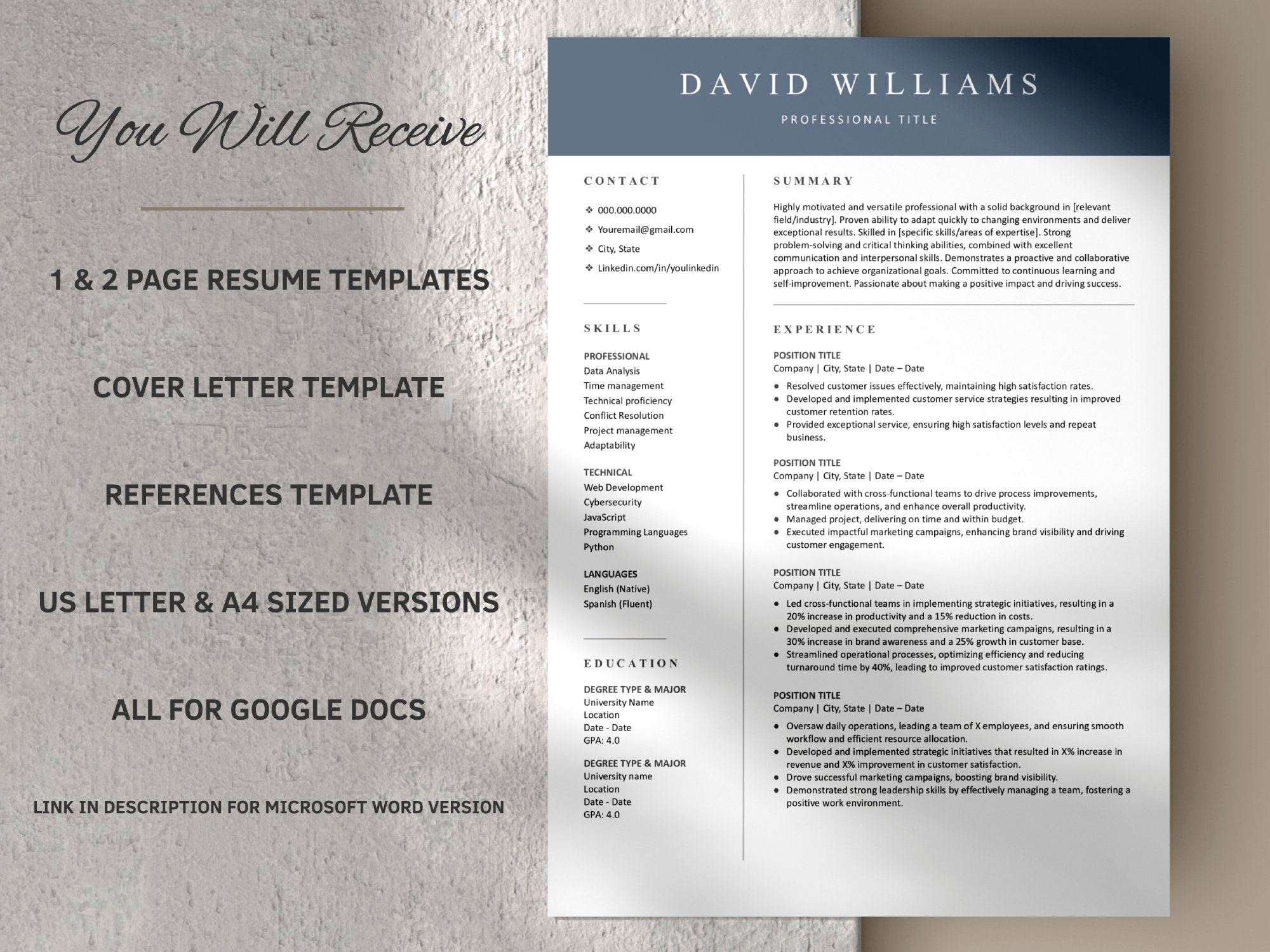 Professional Resume Template for Google Docs With Cover Letter ...