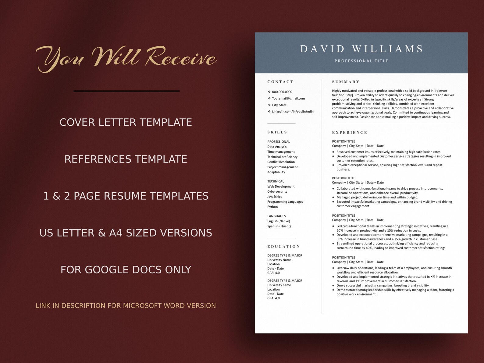 Professional Resume Template for Google Docs With Cover Letter ...