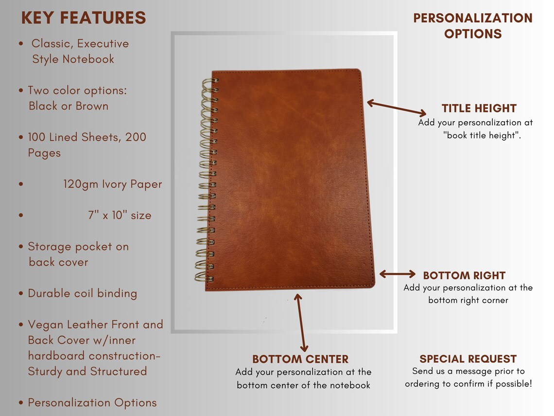 Custom Spiral Executive Journal Notebook, Personalized Spiral Vegan ...